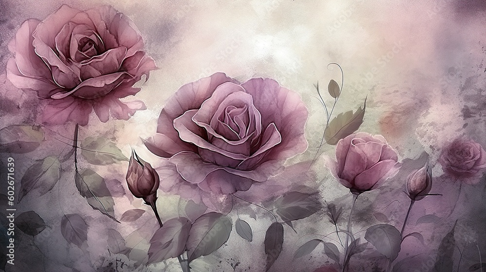 vintage wallpaper of dusky pink roses for paper print, background ...