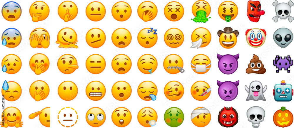 Big set of emoji. Funny emoticons faces with facial expressions. Full ...