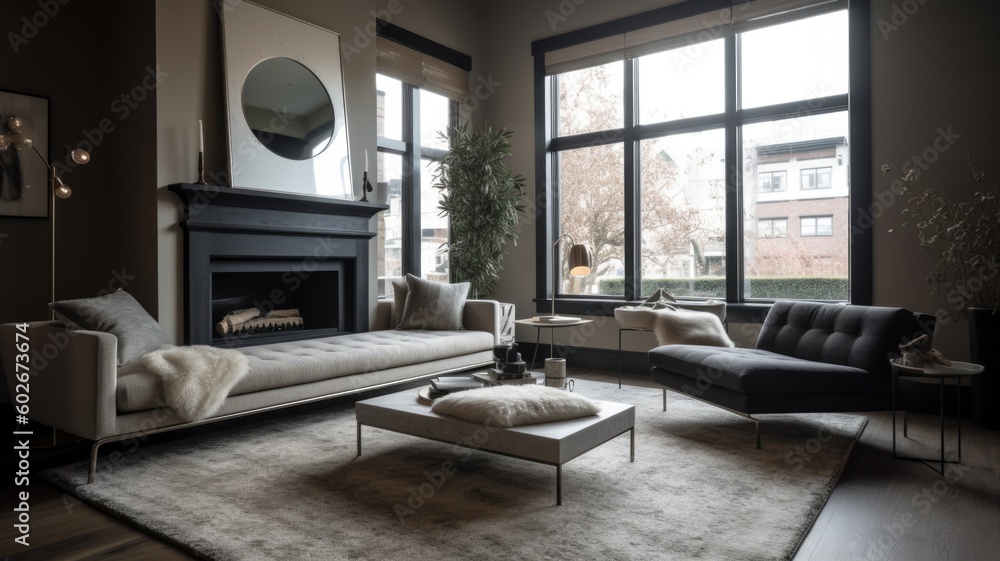 Interior design of Living Room in Contemporary style with Fireplace ...