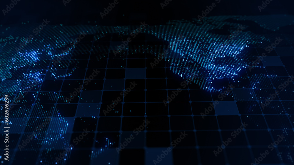 3D rendering of a digital map of the Earth. The lights of megacities ...