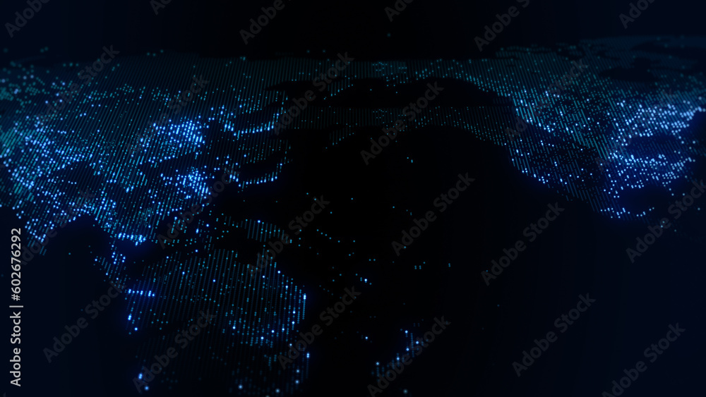3D rendering of a digital map of the Earth. The lights of megacities ...