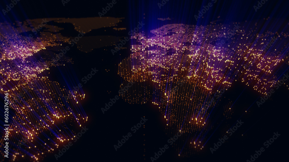 3D rendering of a digital map of the Earth. The lights of megacities ...