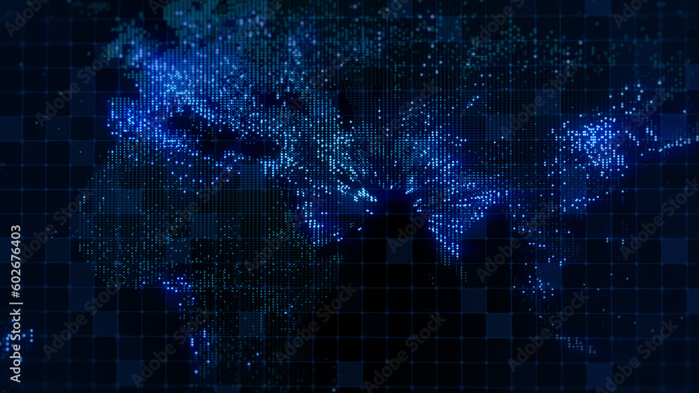 3D rendering of a digital map of the Earth. The lights of megacities ...