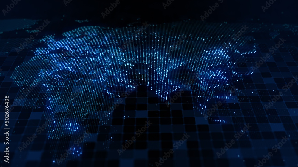 3D rendering of a digital map of the Earth. The lights of megacities ...