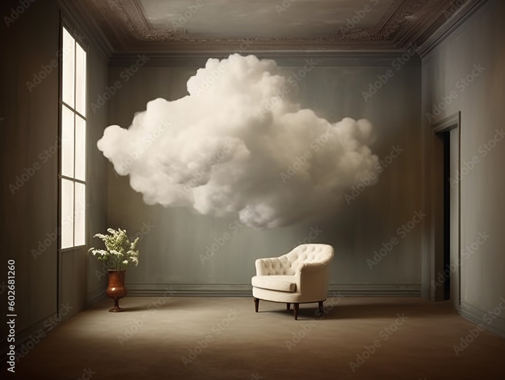 illustrazione di soggiorno surreale con nuvole all'interno, ispirata ai ...