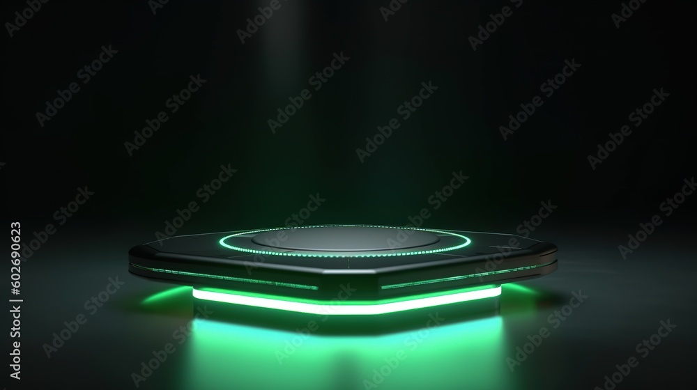 Black and green. Blank product stand with green light. Platform for ...