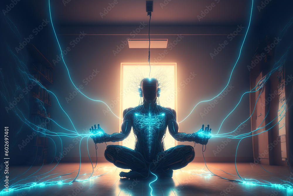Digital era man meditating in neon wires, with consciousness connected ...