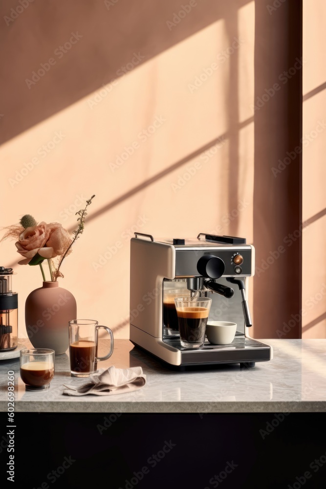 Vintage coffee machine making espresso in glass cup, coffee capsules ...