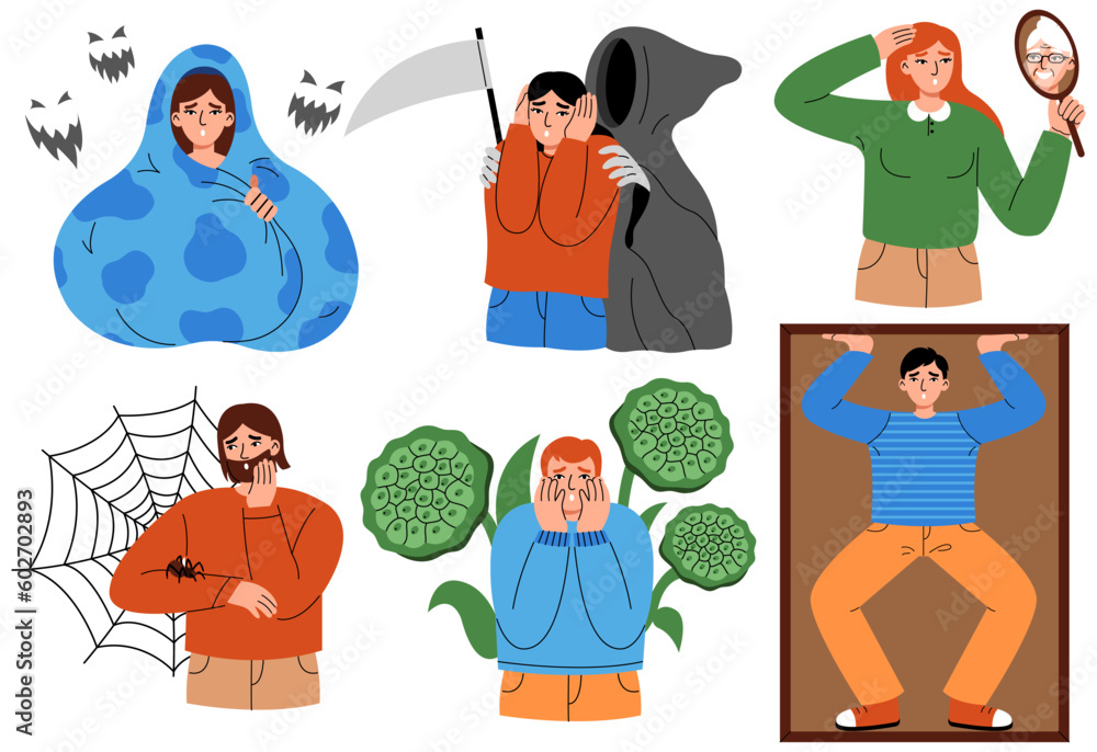 Vetor de People with different phobias and fears. Psychological problem ...