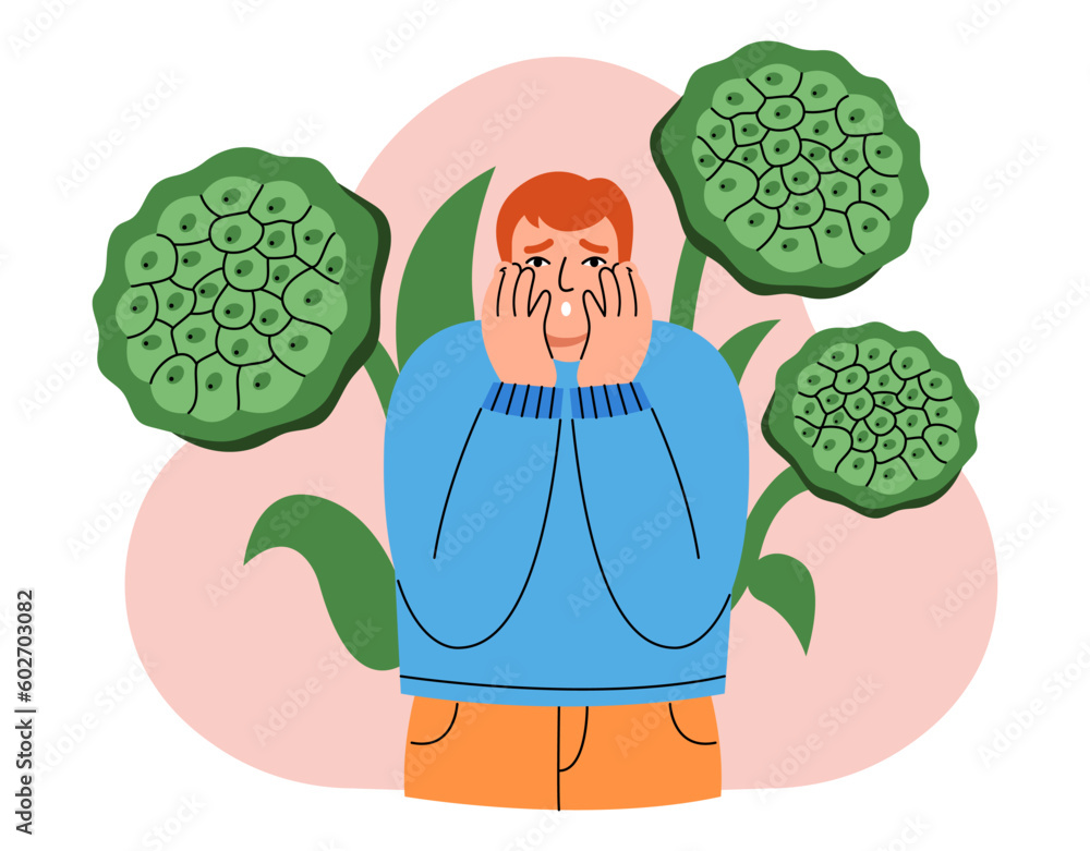 Trypophobia, phobia psychology concept. Scared man afraid of patterns ...