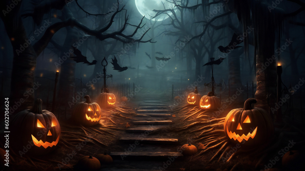 Spooky, scarry halloween forest with scary black trees and pumpkins on ...