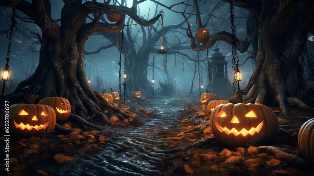 Spooky, scarry halloween forest with scary black trees and pumpkins on ...
