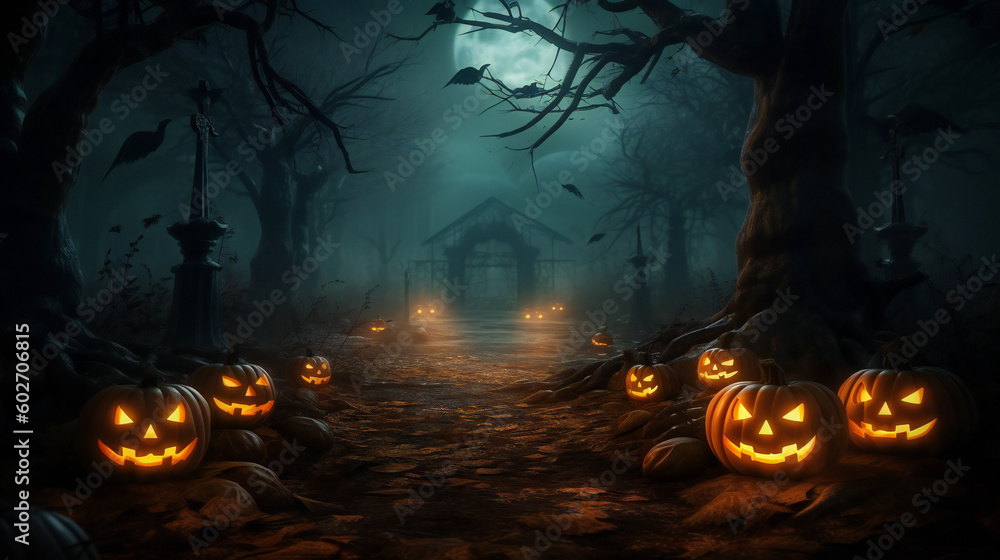 Spooky, scarry halloween forest with scary black trees and pumpkins on ...