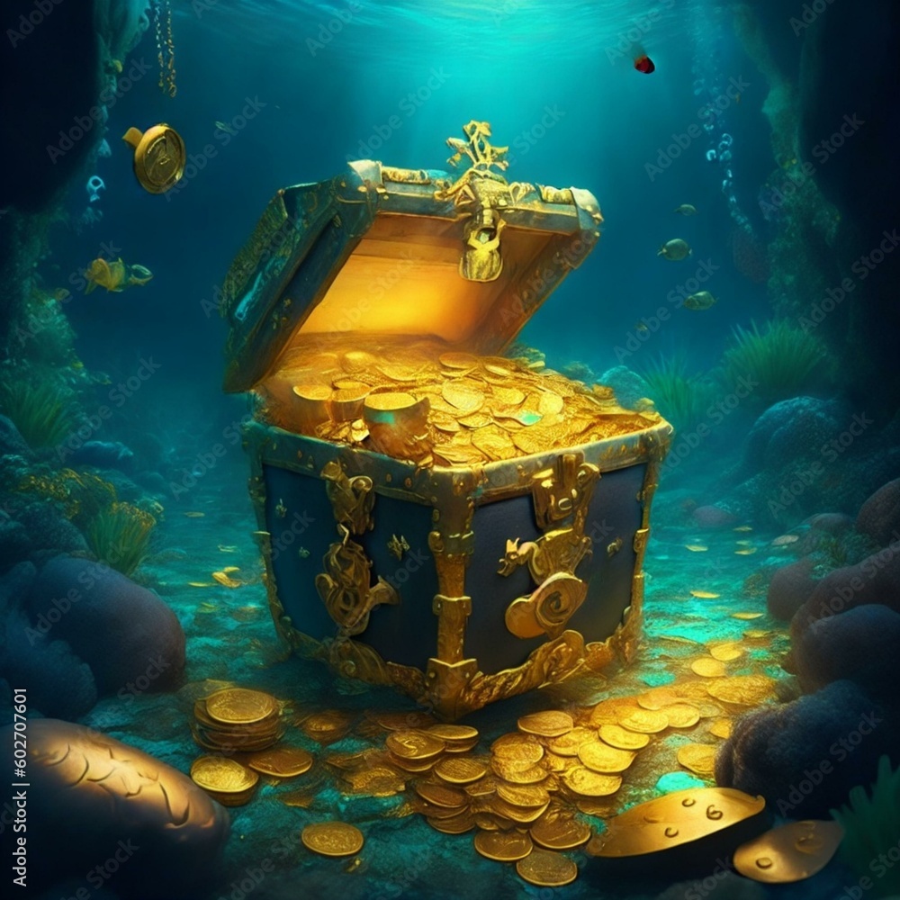 Treasure's chest. Shipwrecked bay. Gold coins in a chest under the sea ...