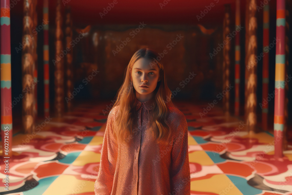 portrait of a beautiful woman looking sad/lost in a surreal symmetric ...