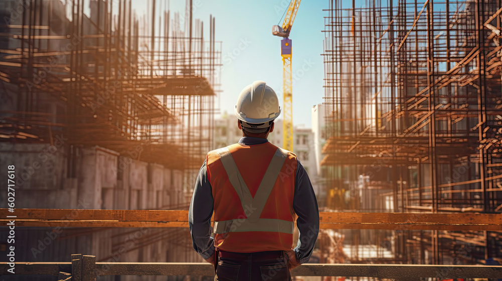 A civil engineer stands looking at the construction site. Generative AI ...