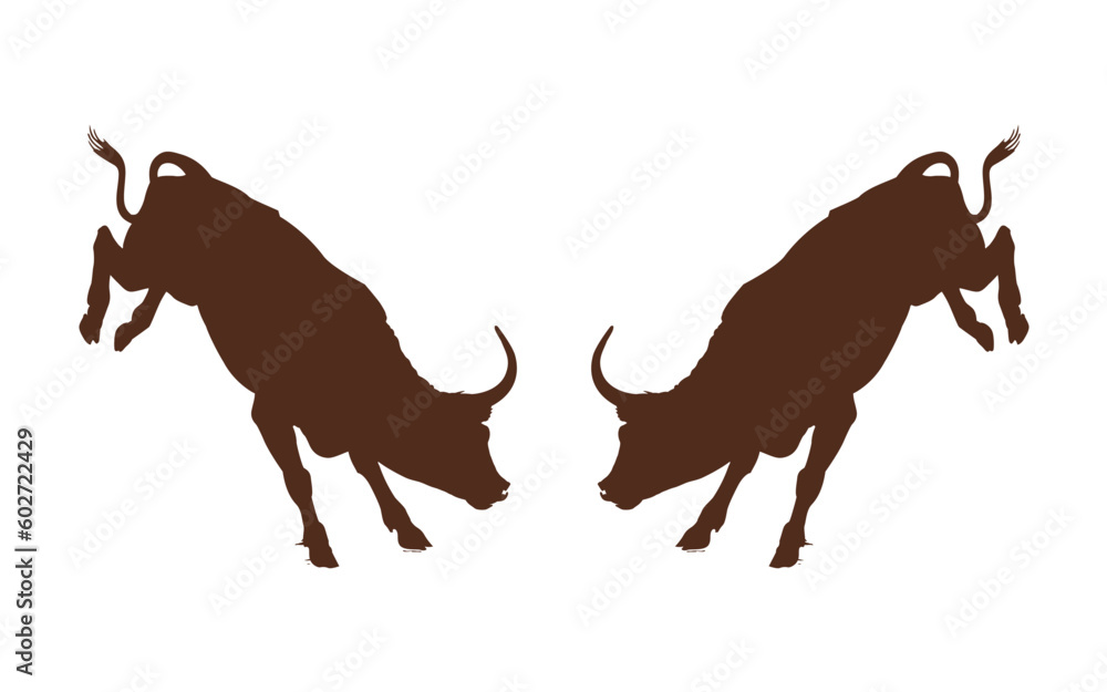 Bull set. stylized silhouettes of standing and nipping bulls. white ...