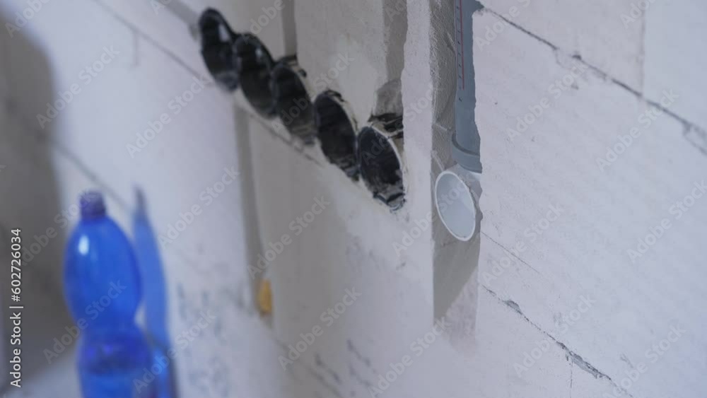 Construction worker fitting plastic pipe for electric cable into chase ...