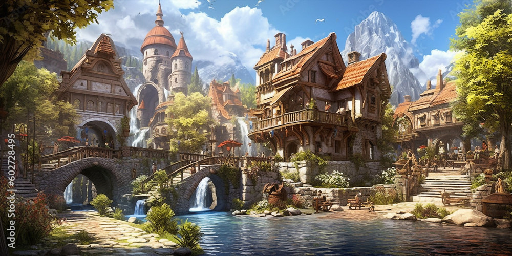 Fantasy Village with Renaissance Architecture, Steps, and Serene ...
