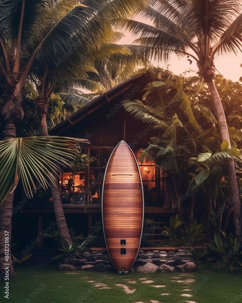 Futuristic surfboard on a beautiful and tropical beach, near a cosy ...