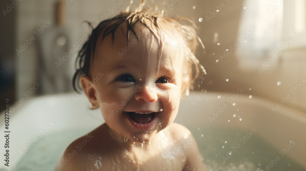 Smiling Little Baby Kid in Bath, Splashing and Playing with Bubbles at ...