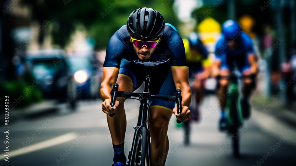 Pro Cyclist in a bike race, looking determined to win. Close up with ...
