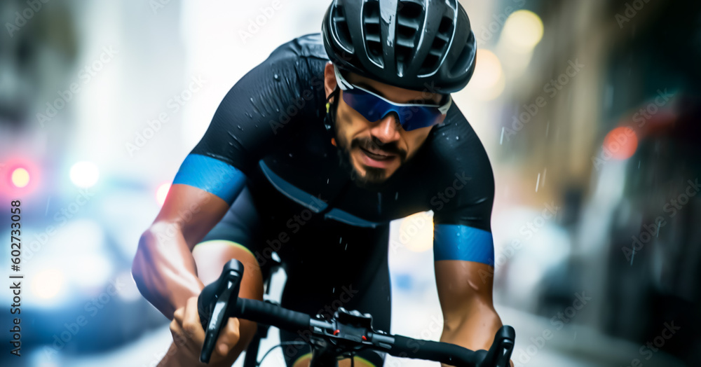 Pro Cyclist in a bike race, looking determined to win. Close up with ...