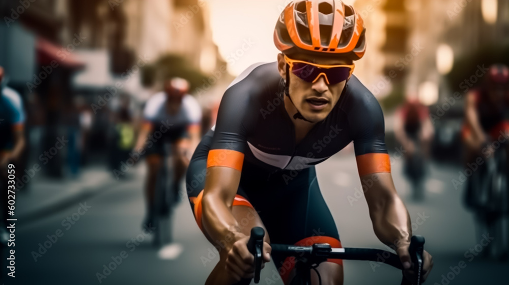 Pro Cyclist in a bike race, looking determined to win. Close up with ...