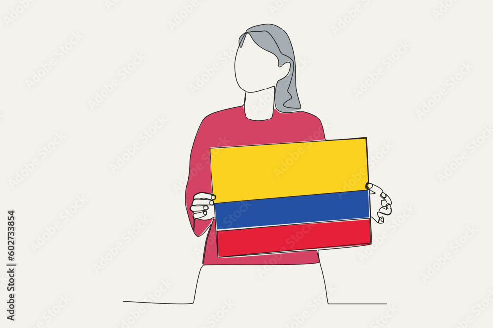Color illustration of a woman holding a Colombian flag. Independencia ...