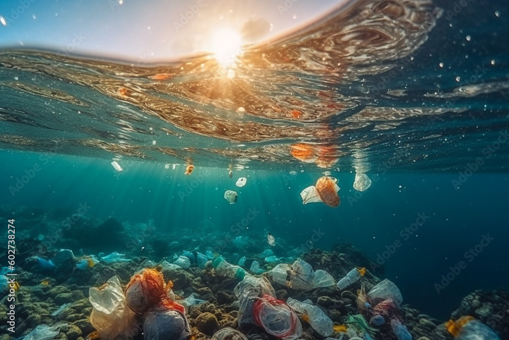 Beneath the sea or the bottom of the ocean, filled with trash and ...