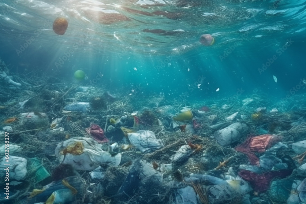 Beneath the sea or the bottom of the ocean, filled with trash and ...