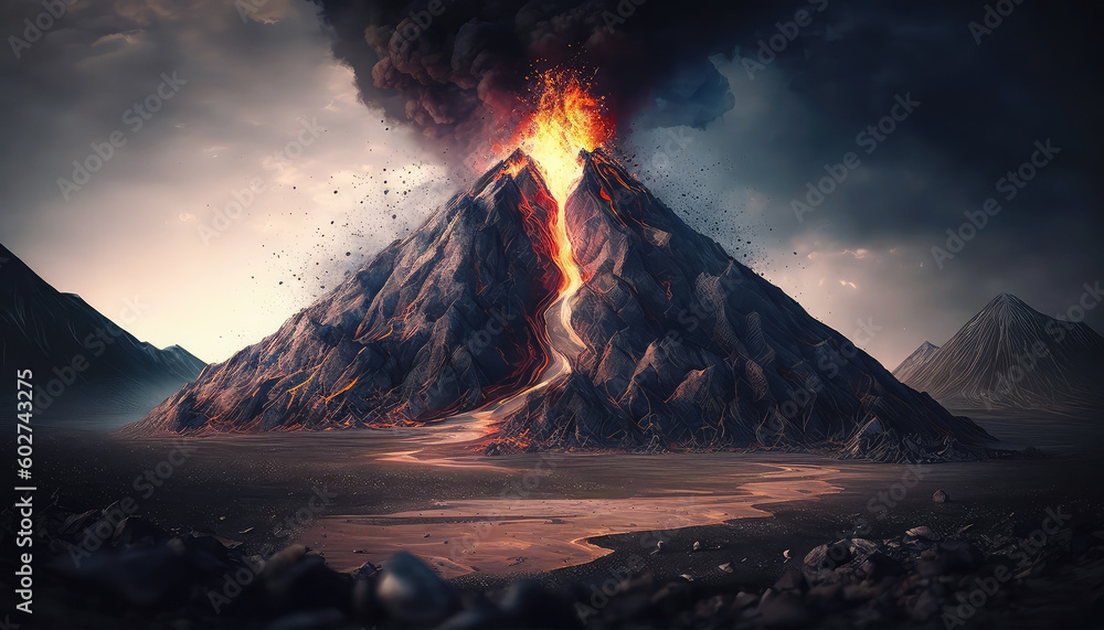 Erupting volcano with lava splashing and smoke cloud AI generated ...