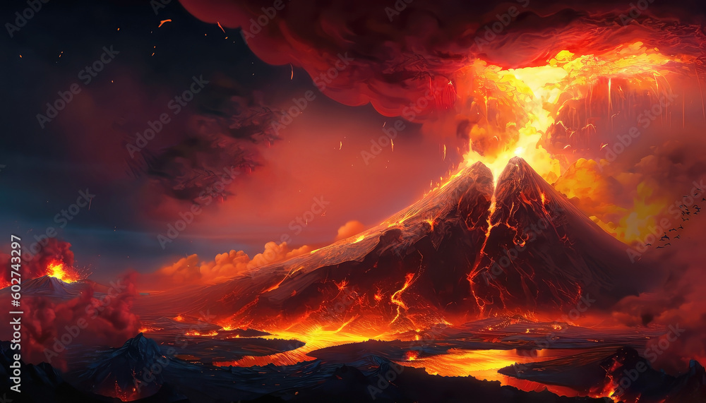 Hot lava streams and large smoke cloud at erupting volcano AI generated ...