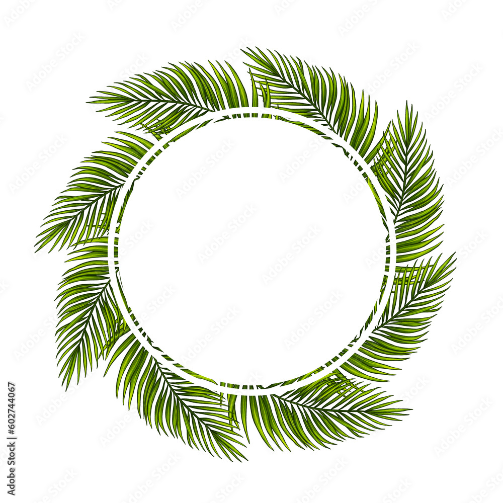 Round template for text with tropical palm leaves. Tropic leaf wreath ...