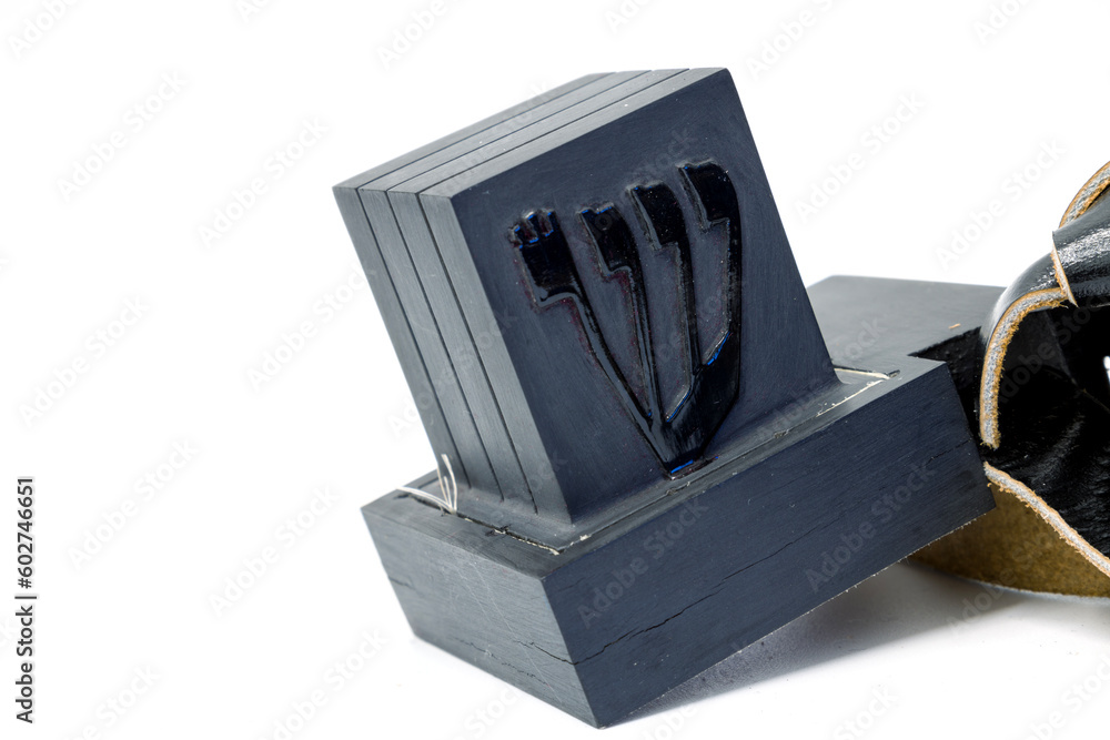 Foto de Tefillin or phylacteries . Pair of black leather boxes for the ...