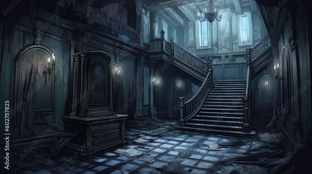 Ilustrace „A creepy abandoned mansion with creaky doors. Dark fantasy ...