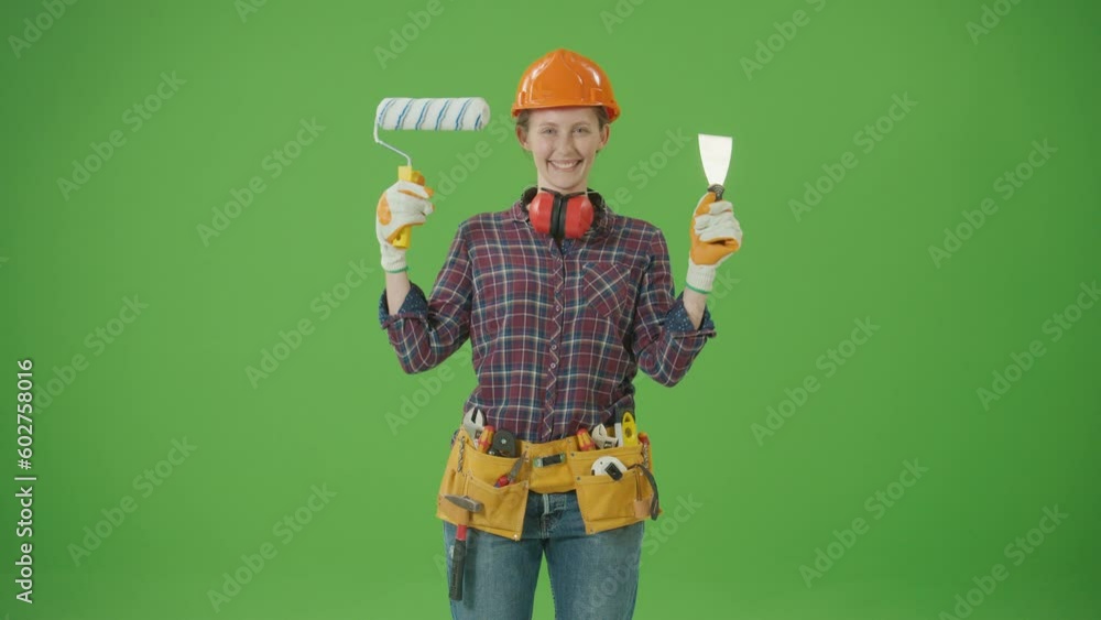 Green Screen.Young Confident Female Construction Worker in Checkered ...