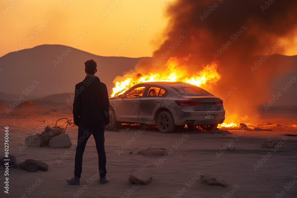 Behind the Scenes of action movie production. Car burning with smoke in ...
