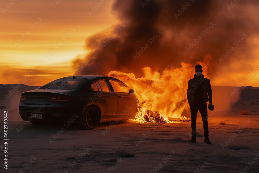 Behind the Scenes of action movie production. Car burning with smoke in ...