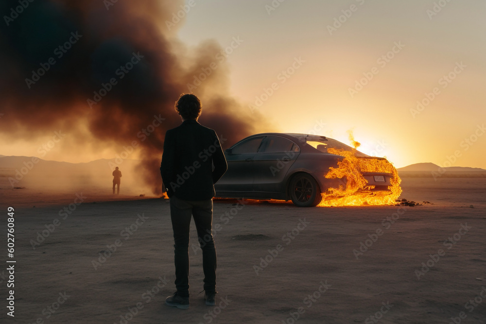 Behind the Scenes of action movie production. Car burning with smoke in ...