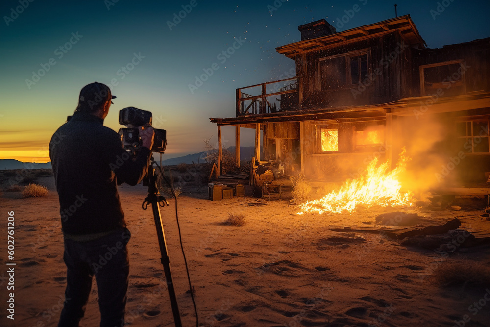 Behind the Scenes of action movie production. Car burning with smoke in ...