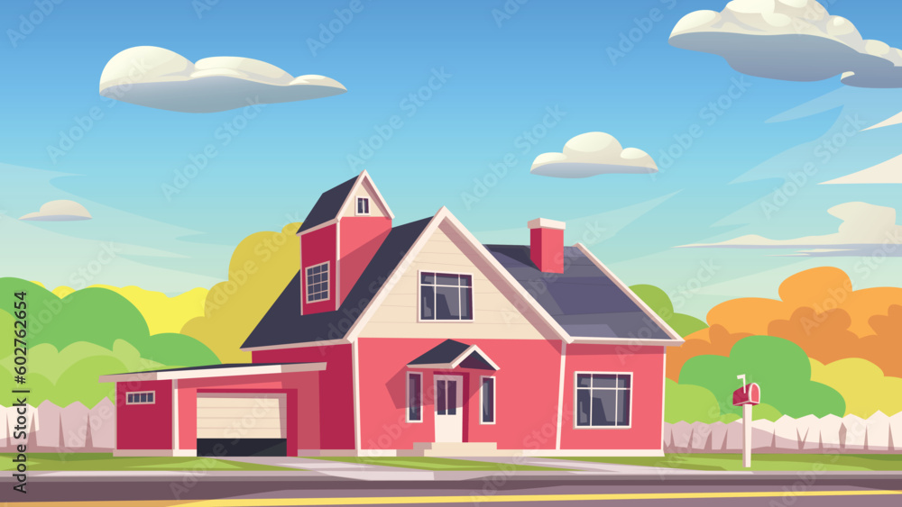 red color cartoon house at sunny day Stock Vector | Adobe Stock