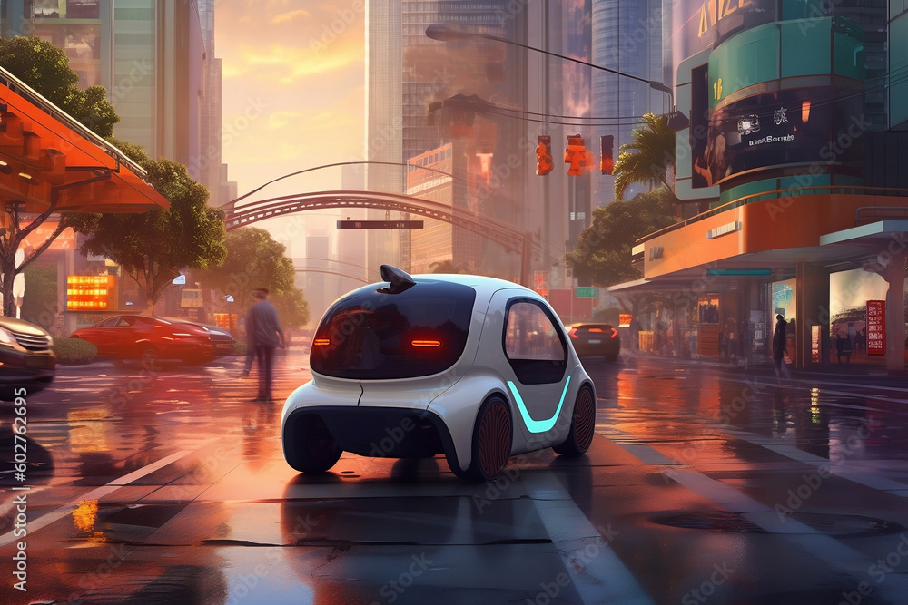autonomous electric vehicle driving through a smart city Stock ...