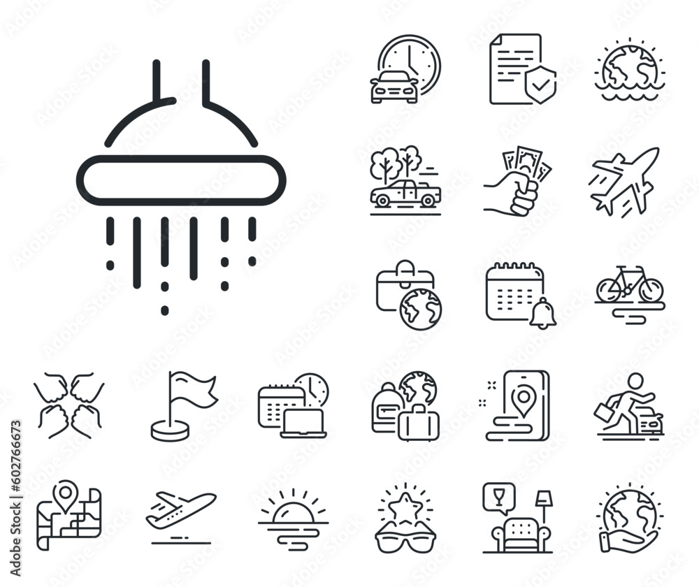 Bathroom sign. Plane jet, travel map and baggage claim outline icons ...