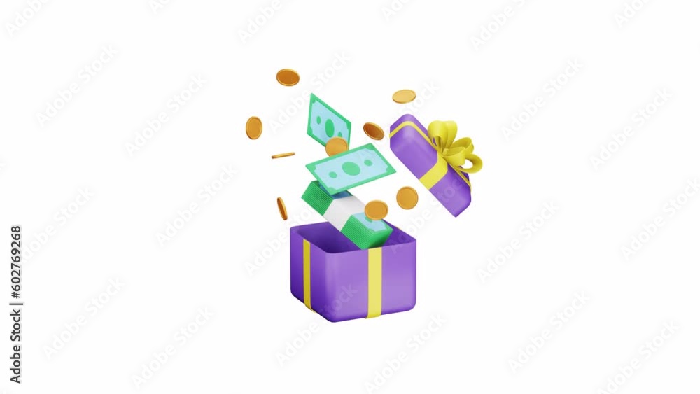 Gift box with money animation. Gold Coins and Dollar Banknotes. 3d ...