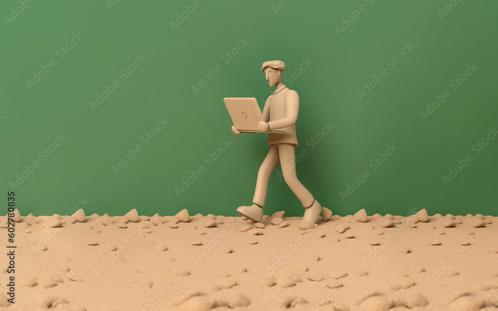 Claymation Man Walking with Laptop on a Rocky Road with Green ...