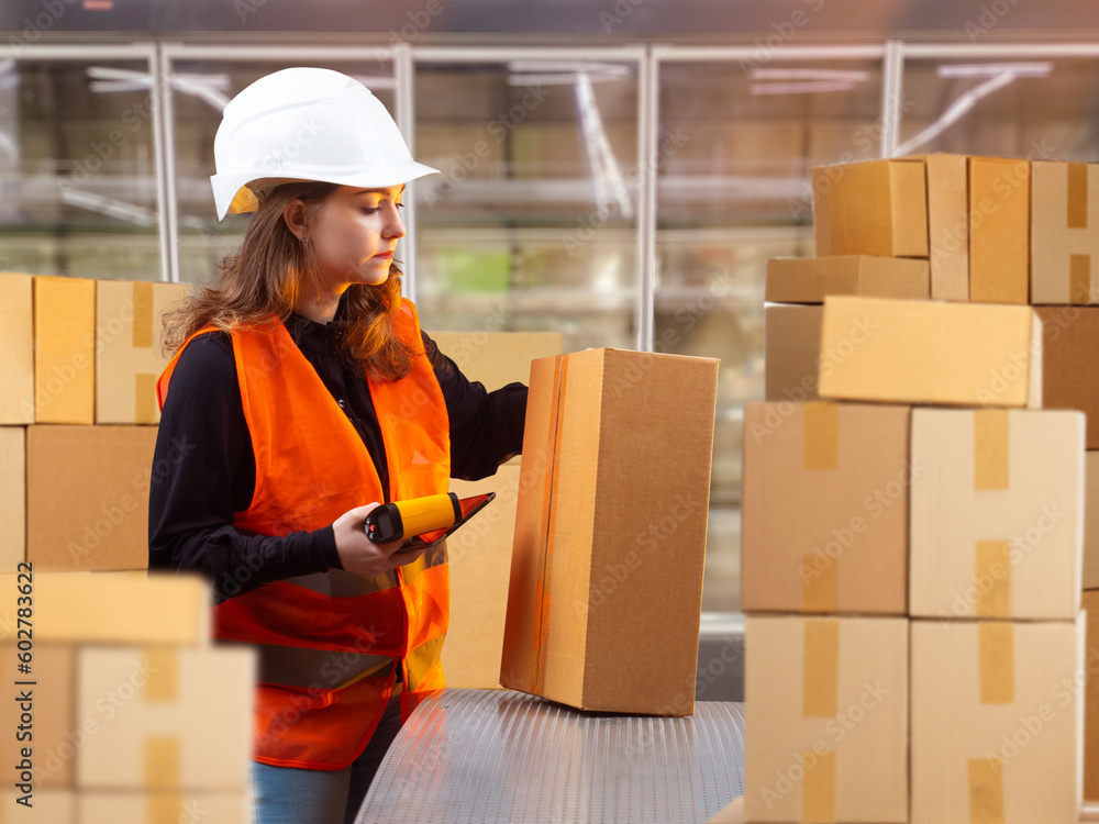 Warehouse worker woman. Girl among cardboard boxes. Storekeeper uses ...