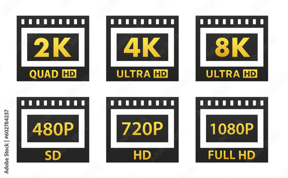 Set of screen resolution icons. Video quality symbol. HD, Full HD, 2K ... Set of screen resolution icons. Video quality symbol. HD, Full HD, 2K ...