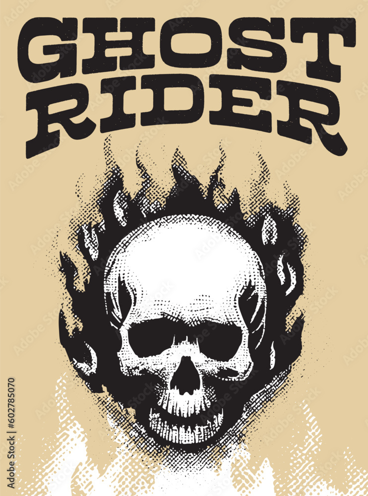 Ghost Rider, old west poster, retro sticker, Inferno, skull firing ...