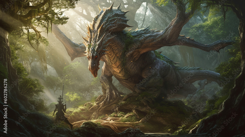 A dragon wrapped around a massive tree, its wings creating a canopy of ...